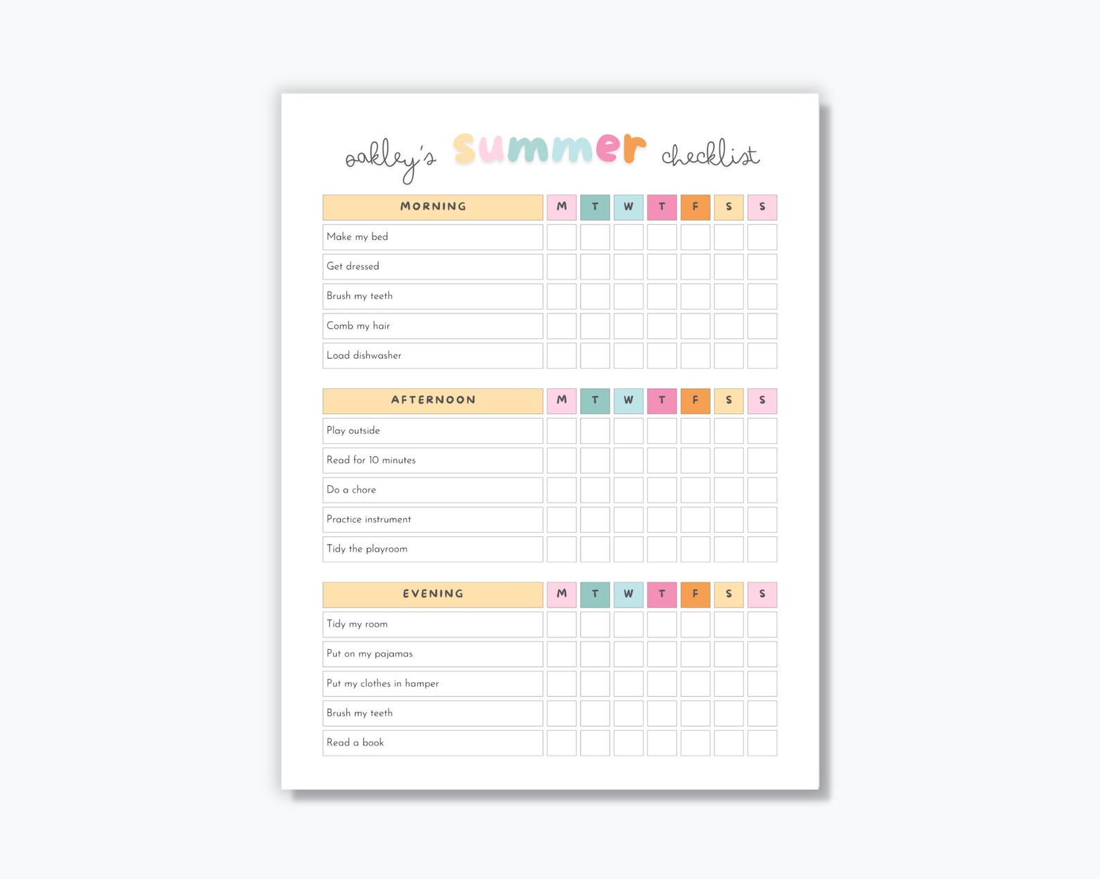 Summer Daily Checklist for Kids, Printable and Editable Canva Template ...