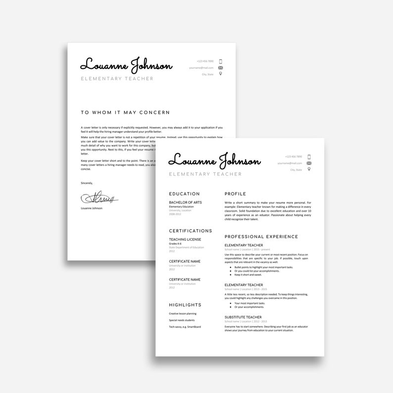 Resume Teacher Google Docs Resume Template Teacher Cover - Etsy