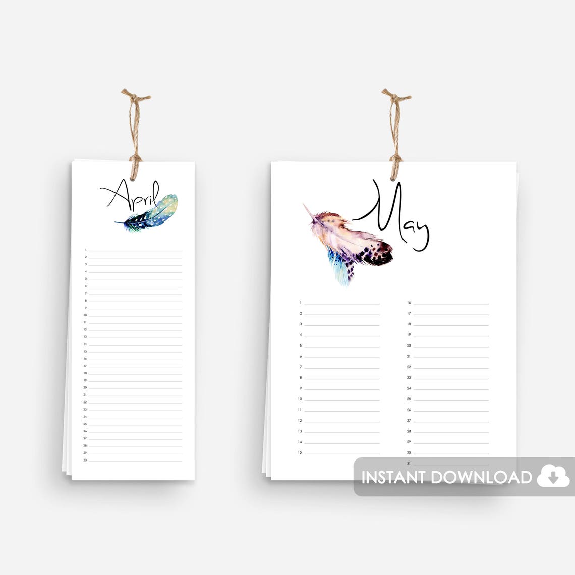 Printable Birthday Calendar With Feathers in Watercolor Art | Etsy