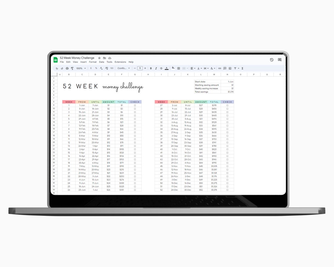 52 Week Money Challenge Spreadsheet - Etsy