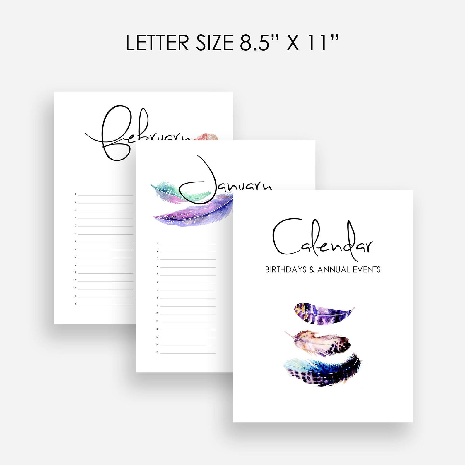 Printable Birthday Calendar With Feathers in Watercolor Art | Etsy