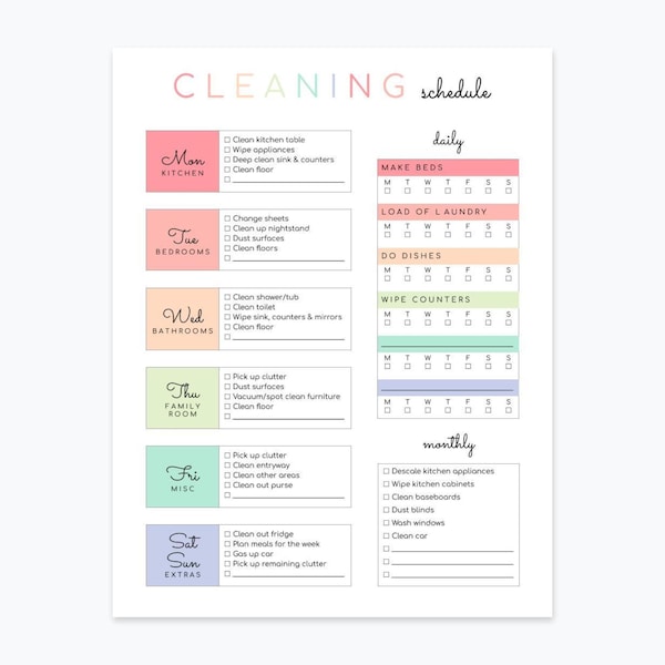 Printable Cleaning Schedule - Etsy