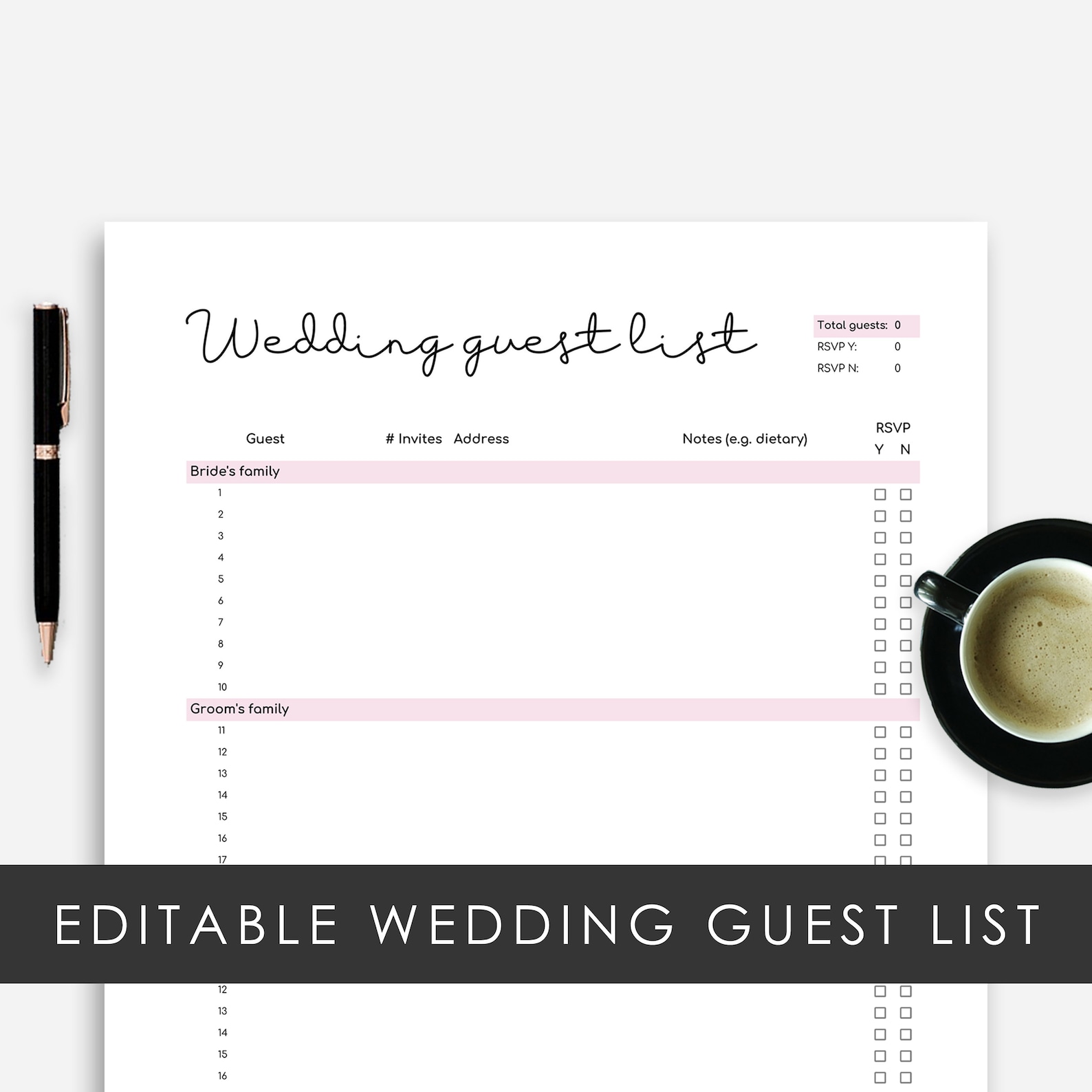 Editable Wedding Guest List Template - Etsy