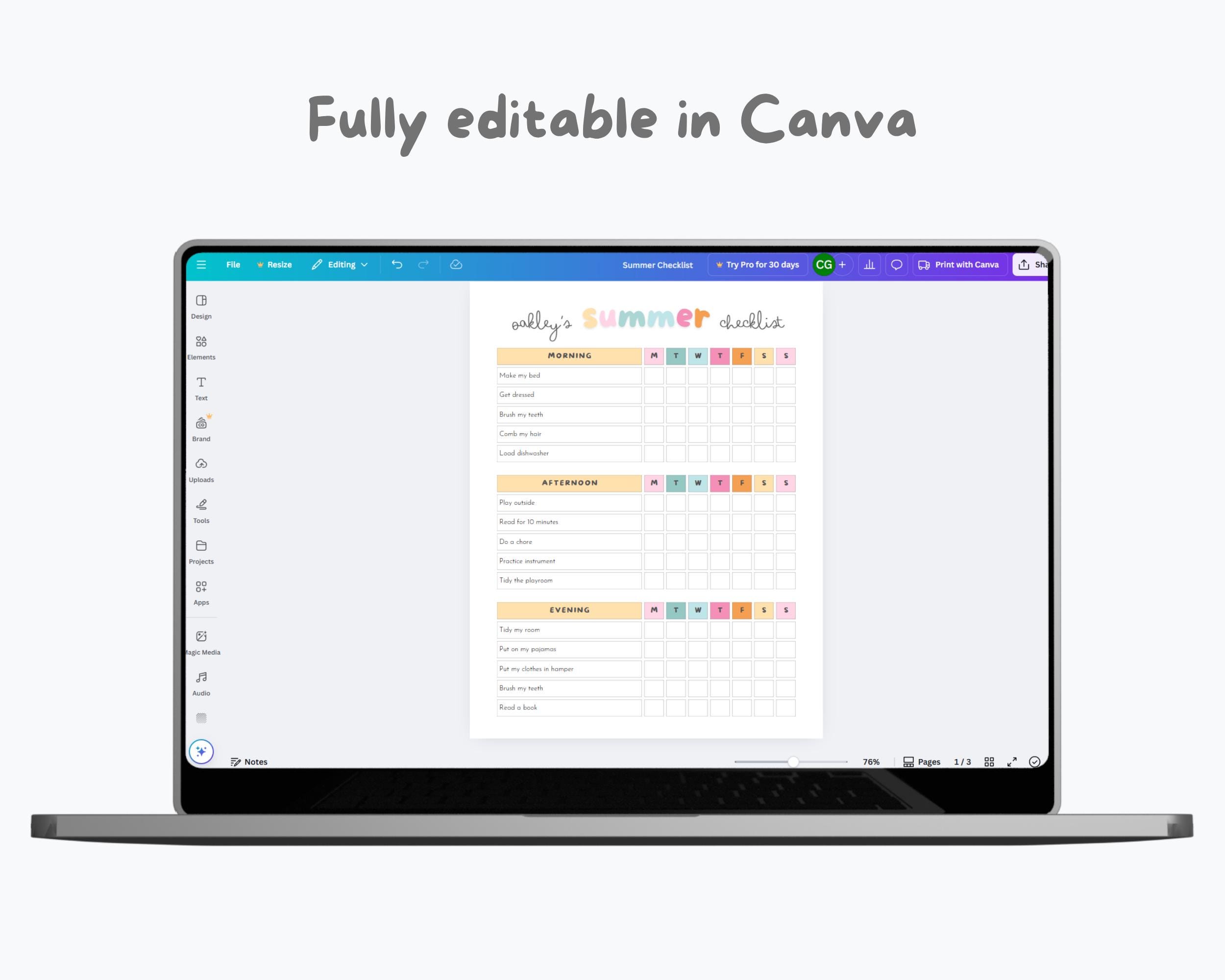 Summer Daily Checklist for Kids, Printable and Editable Canva Template ...