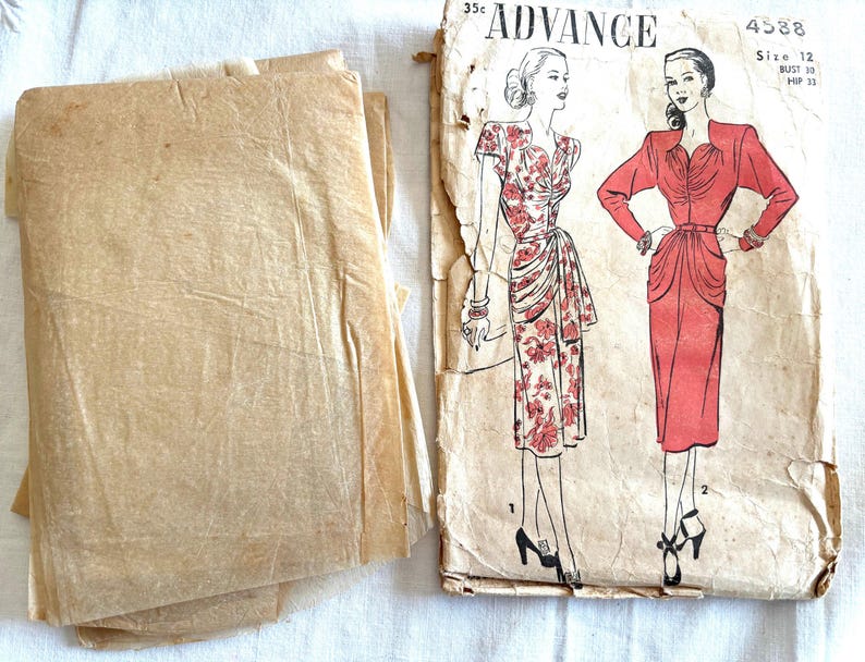 Bust 30 1940's Glam Draped Dress Sewing Pattern - Post War Fashion ...