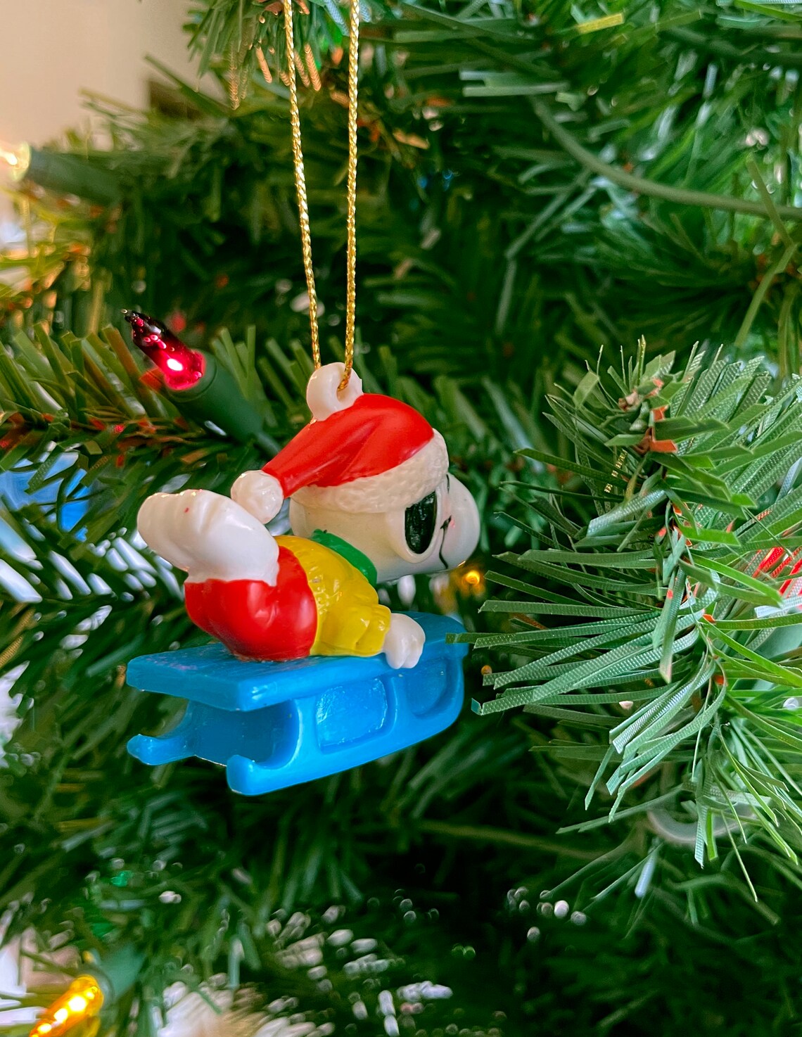 SNOOPY on Blue Sled Little Christmas Tree Ornament - 2" Plastic Tree ...