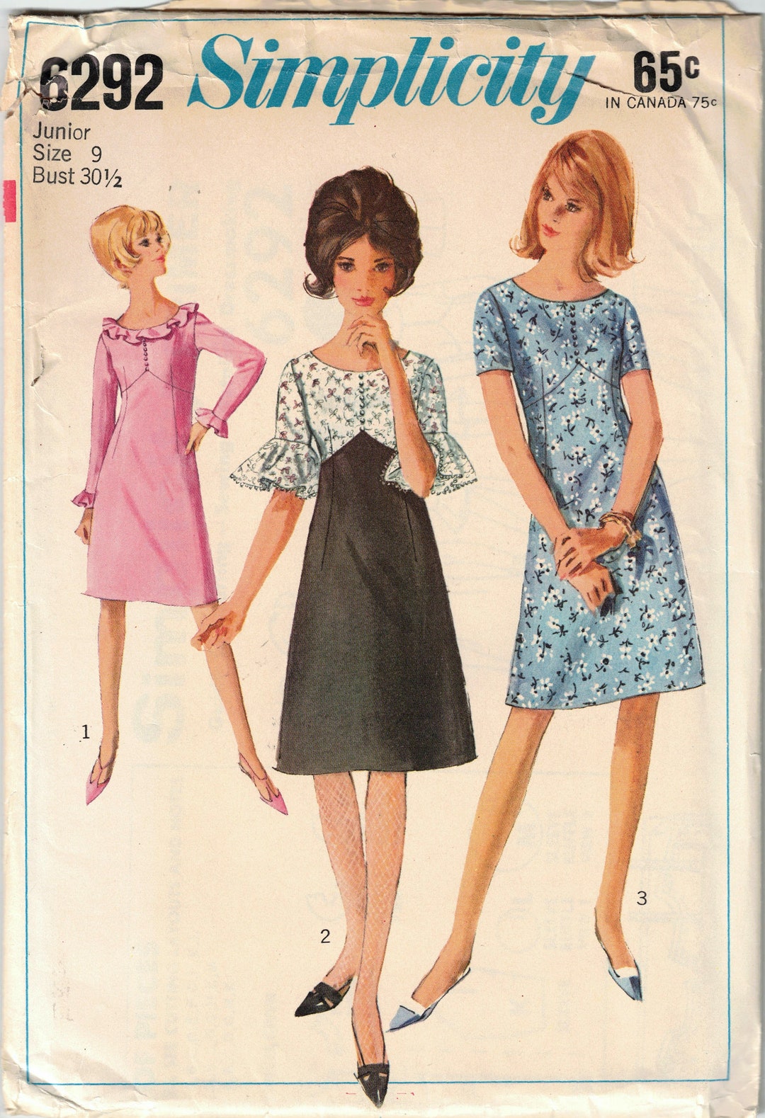 Bust 30.5" Mod Dress Sewing Pattern UNCUT - Shaped Bodice, Ruffle and ...