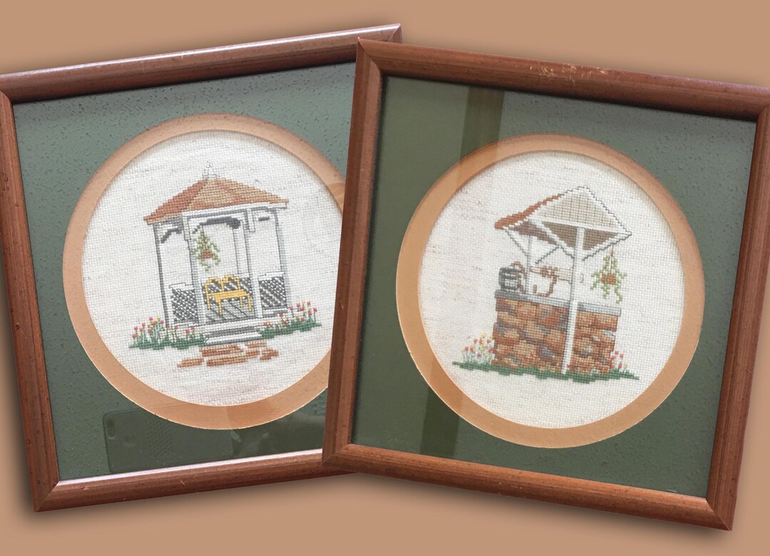 Wishing Well & Gazebo Cross Stitch in Wood Frames (set of 2) Vintage ...