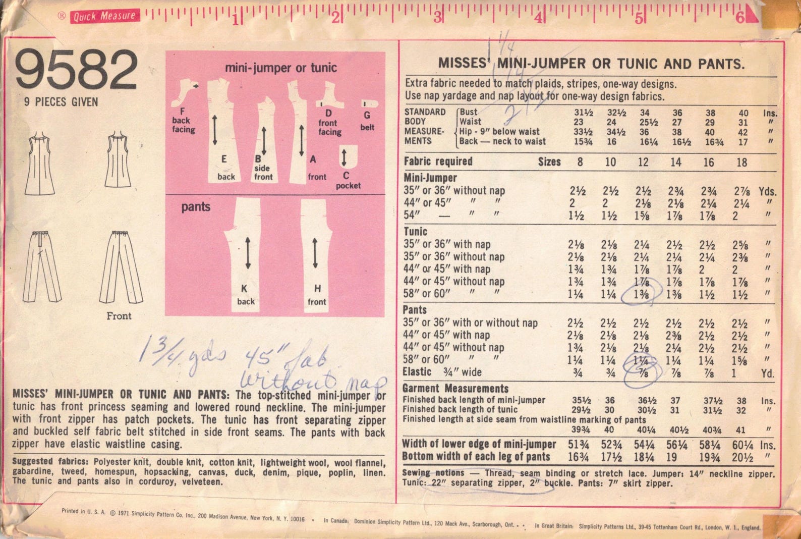 Bust 34 UNCUT Mod Mini Jumper, Tunic & Pants Pattern - Simplicity 9582 ...