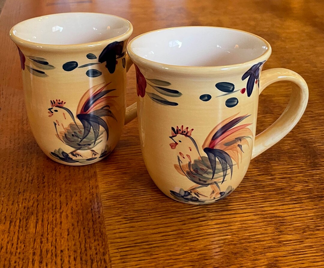 Set of 2 ROOSTER COFFEE MUGS Hand Painted Stoneware by Gibson Everyday ...