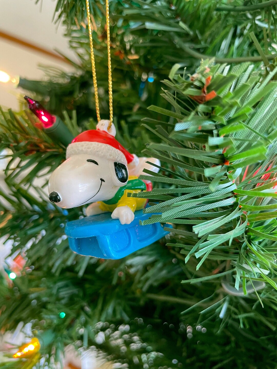 SNOOPY on Blue Sled Little Christmas Tree Ornament - 2" Plastic Tree ...