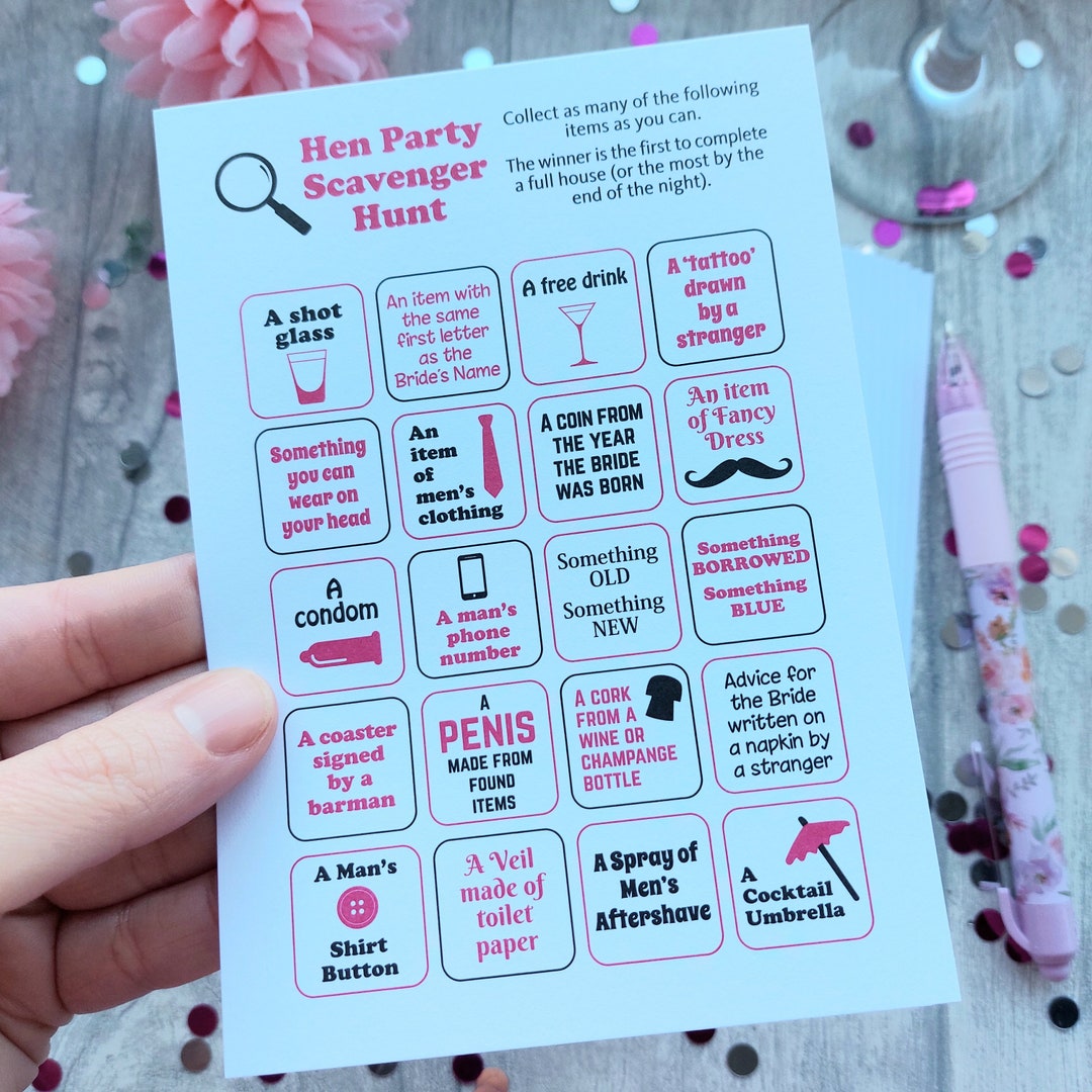 Hen Party Scavenger Hunt Game - Scavenger Hunt Bingo, Hen Night Games ...