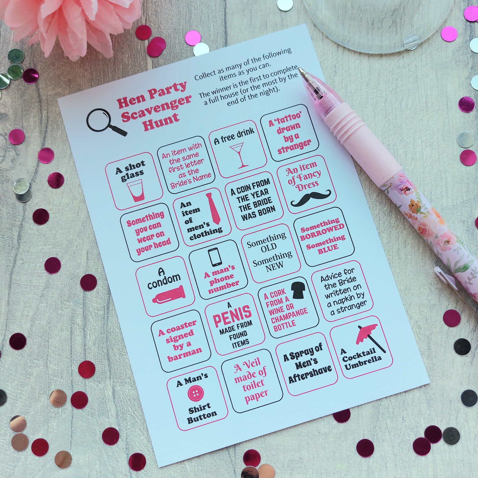 Hen Party Scavenger Hunt Game - Scavenger Hunt Bingo, Hen Night Games ...