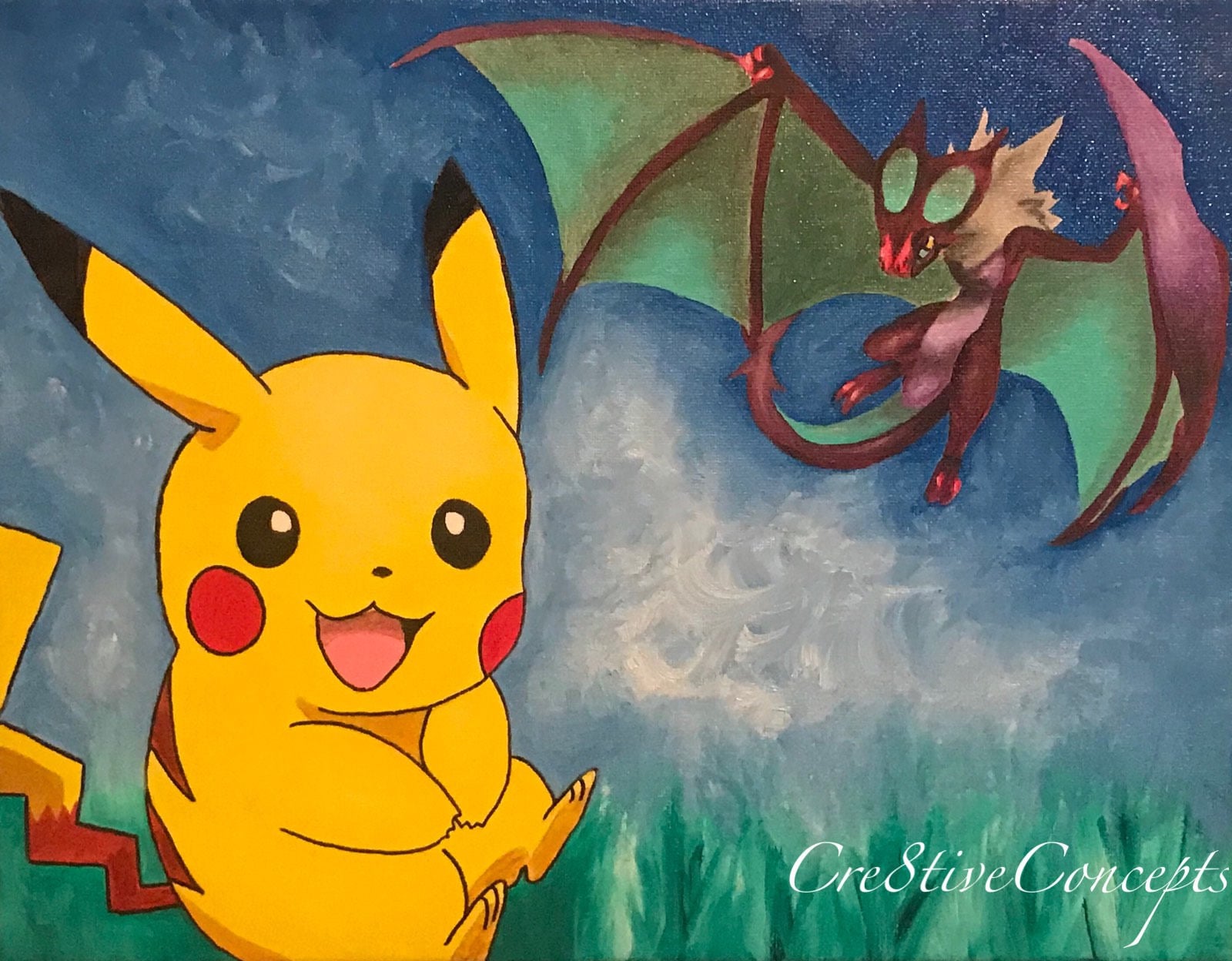 Original Pokemon Pikachu & Noivern Fine Art Acrylic Painting on ...