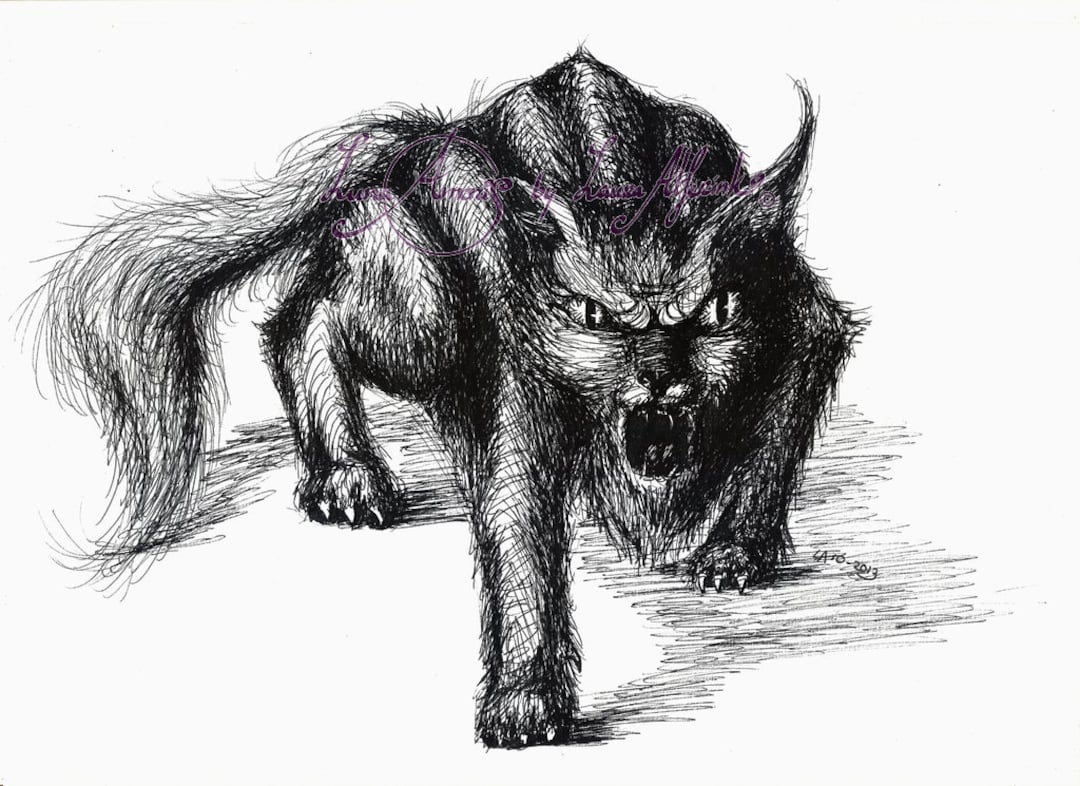 Fine Art A4 Fine-liner Pen Drawing Cat Monster "on the Prowl" ORIGINAL ...