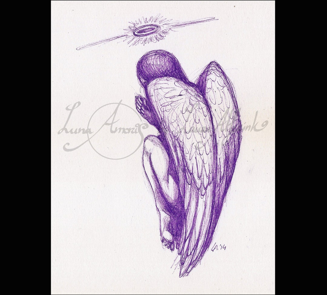 Fine Art Ballpoint Pen Drawing angel A5 13 X18 ORIGINAL Artwork by Luna ...