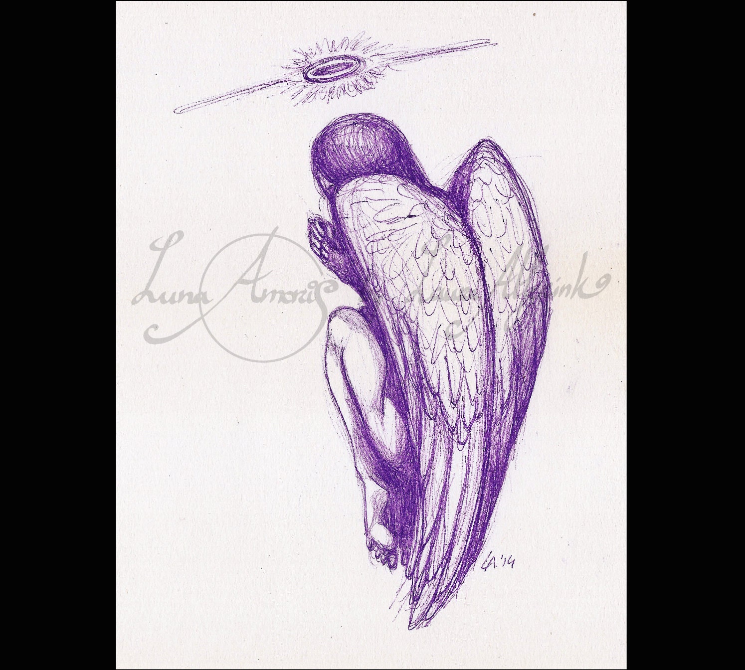 Fine Art Ballpoint Pen Drawing angel A5 13 X18 ORIGINAL Artwork by Luna ...
