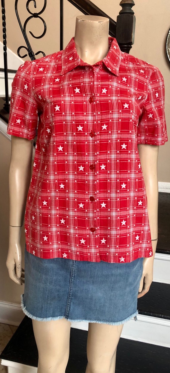 Cute Vintage Red and White Short Sleeve Button Up Sta… - Gem