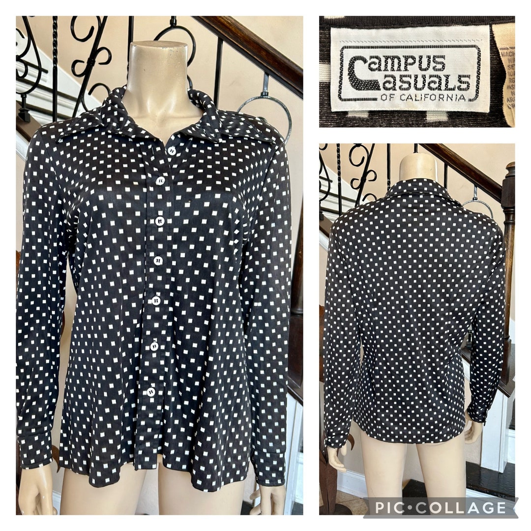 Cool Vintage 70s Wide Collar Disco Shirt in Black With White Square ...