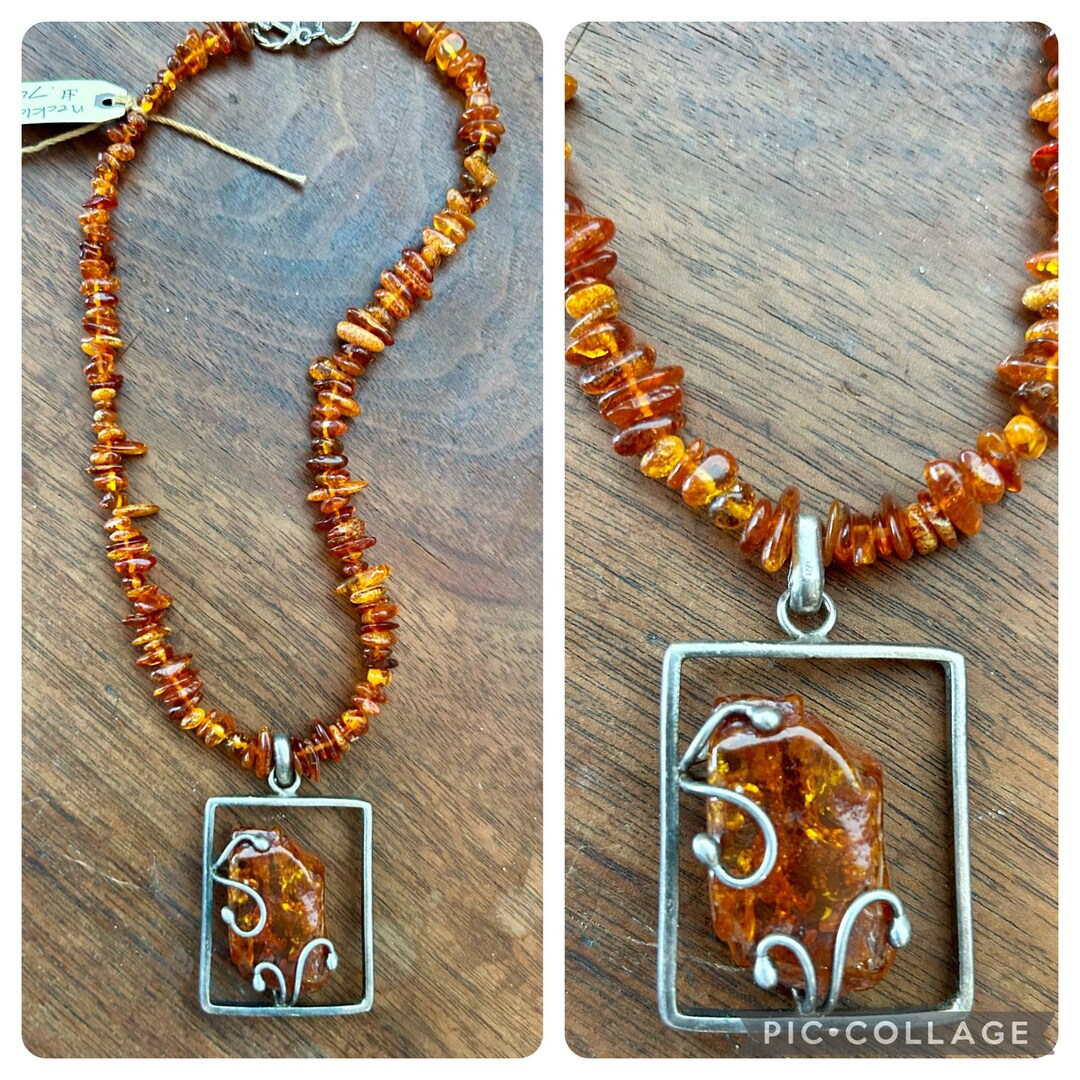 Cool Vintage Golden Sap and Silver Pendant Necklace - Etsy