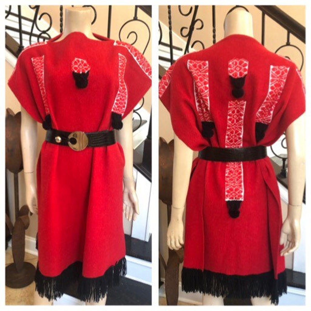 Fun Vintage 70s Spanish Western Red Poncho With Black Fringe / Unisex ...