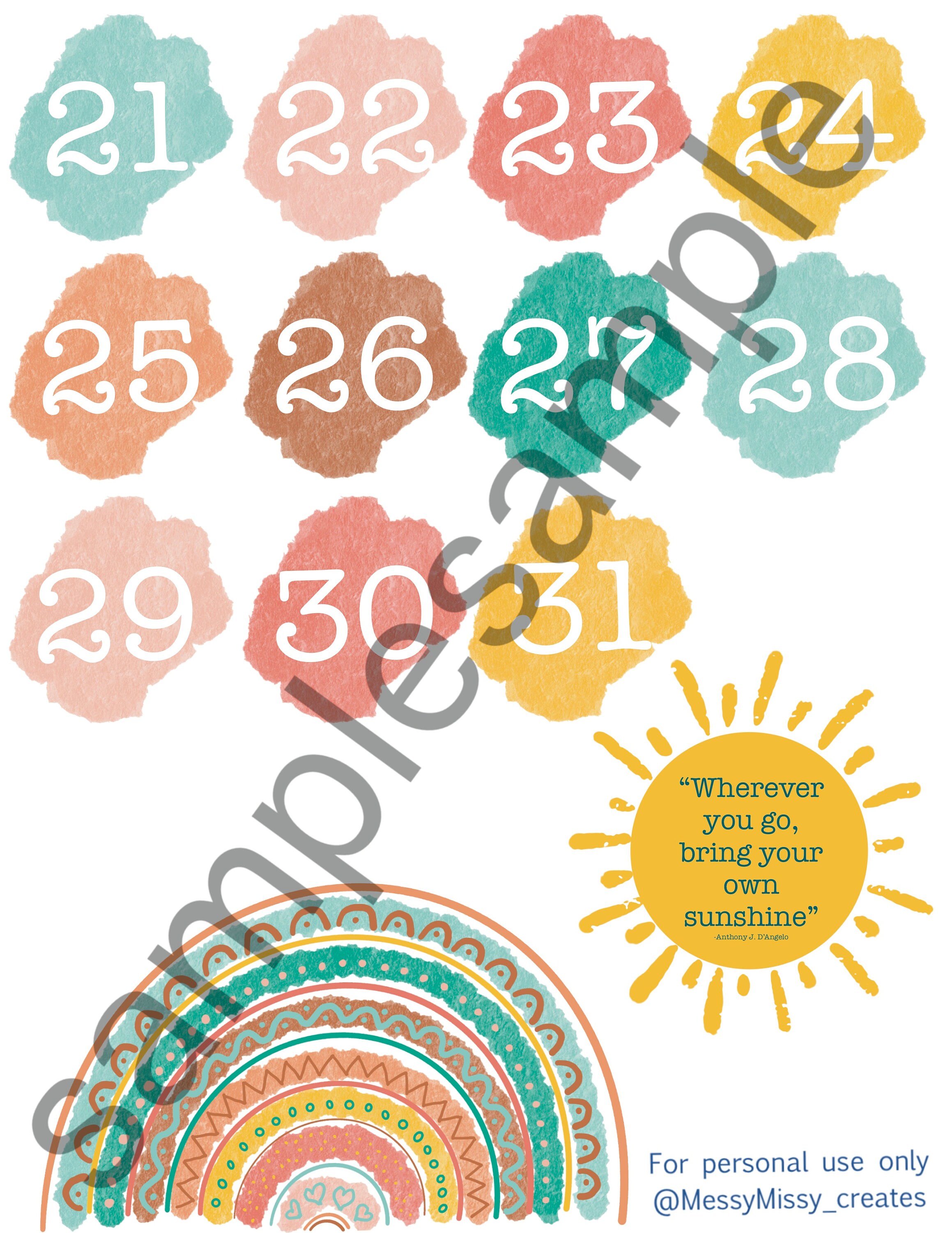 Boho Rainbow Journal Printables, MONTHLY JOURNAL, Numbers, Days of the ...