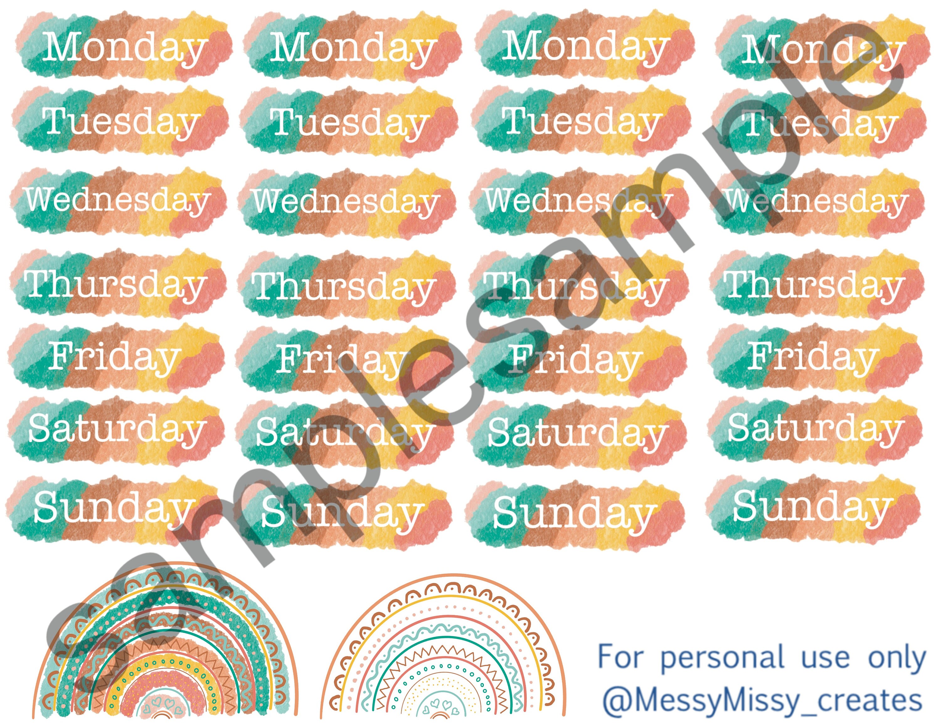 Boho Rainbow Journal Printables, MONTHLY JOURNAL, Numbers, Days of the ...