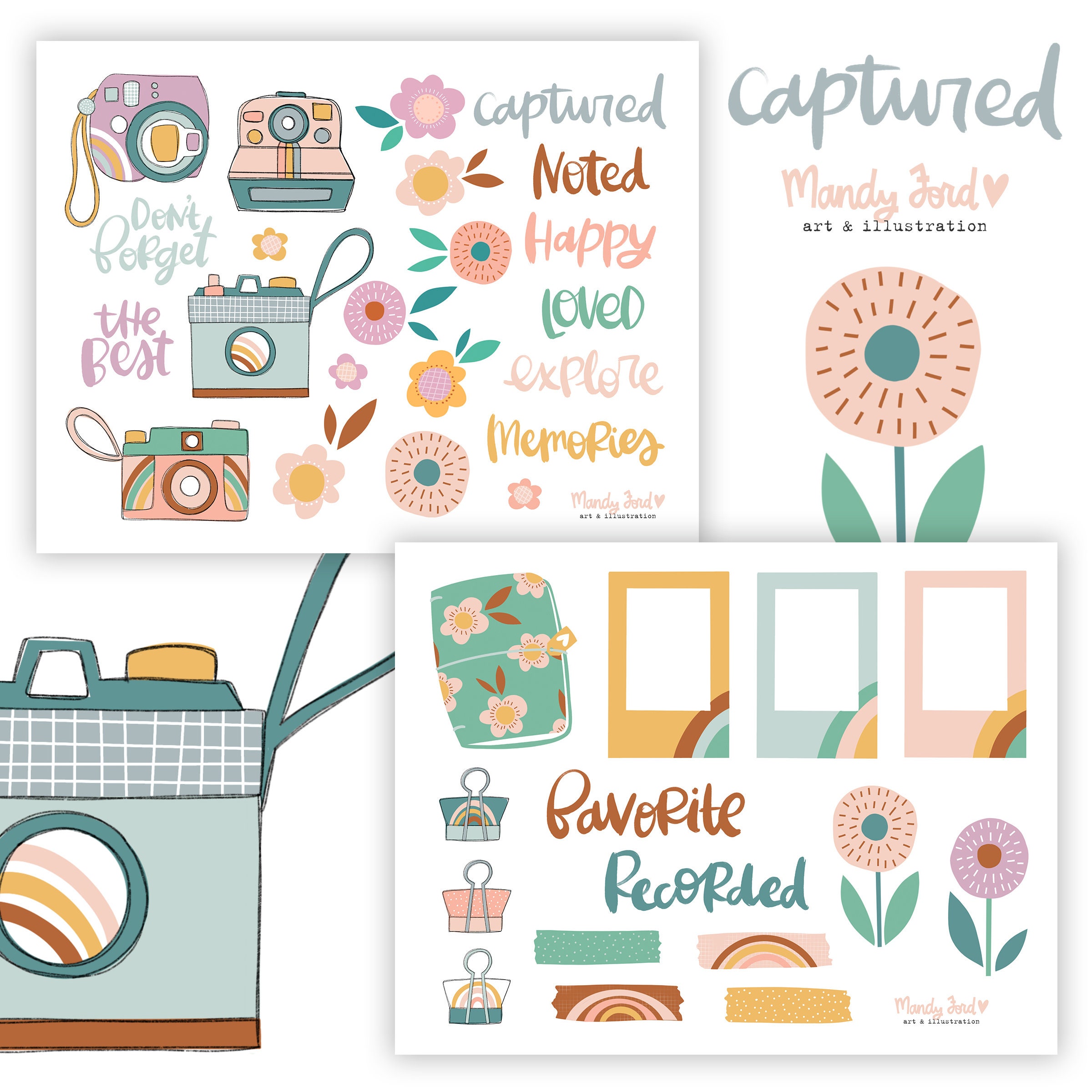 Retro Camera and Floral Printable Scrapbooking Kit | Planner Stickers ...