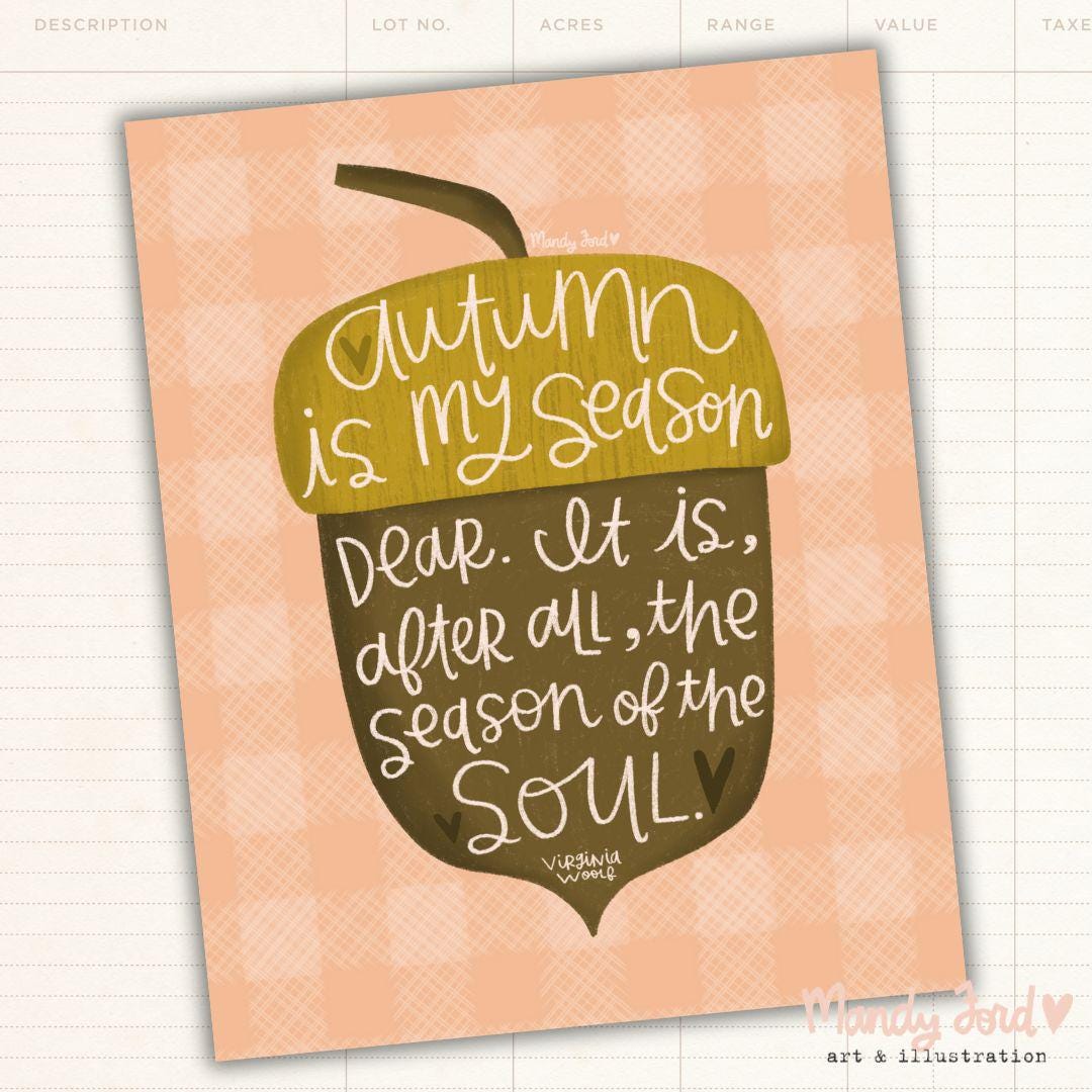 Autumn Acorn Art Print, Virginia Woolf Quote, Fall Decor - Etsy