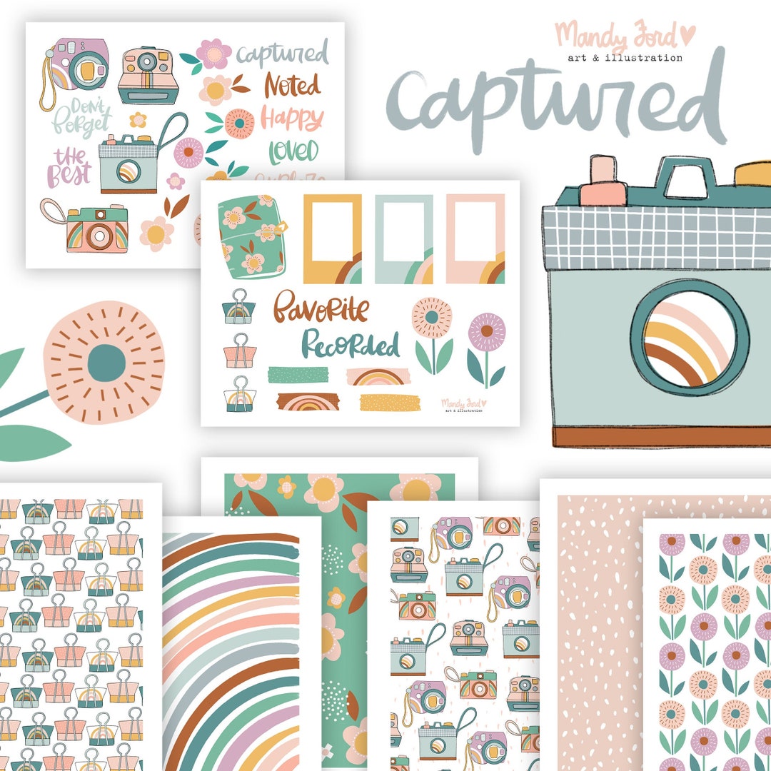 Retro Camera and Floral Printable Scrapbooking Kit | Planner Stickers ...