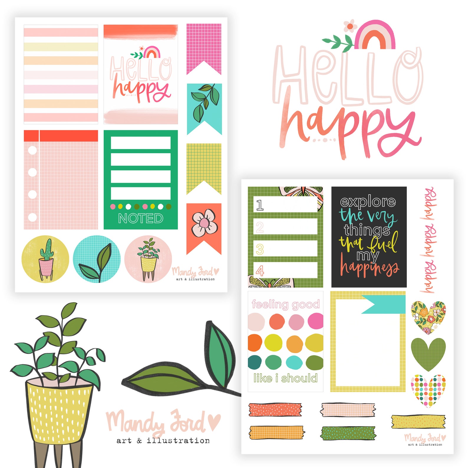 Hello Happy Printable Stickers | Scrapbooking, Planner, Journaling (PDF ...