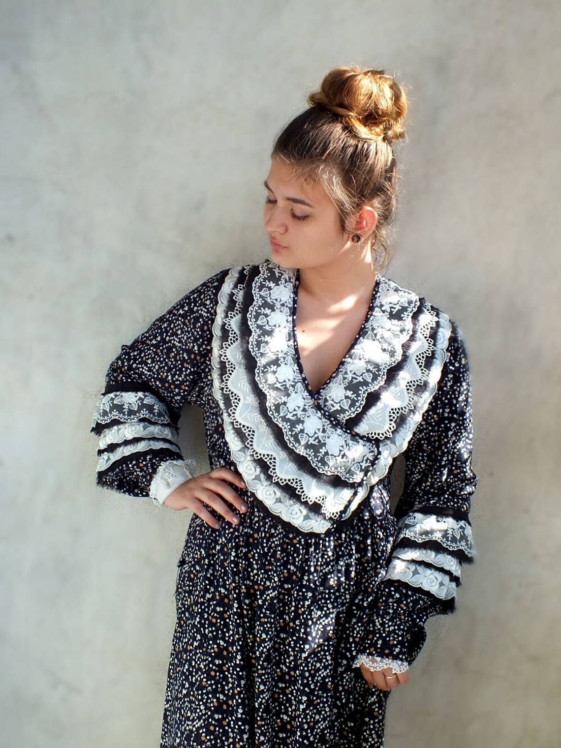 Boho Maxi Black Dress Dark Lace Bohemian Clothing Long Sleeve Hippie ...