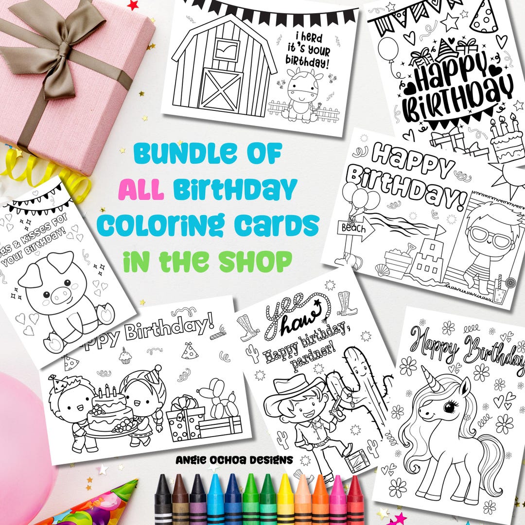 Birthday Coloring Card Bundle for Kids to Color - Download, Print, Cut ...