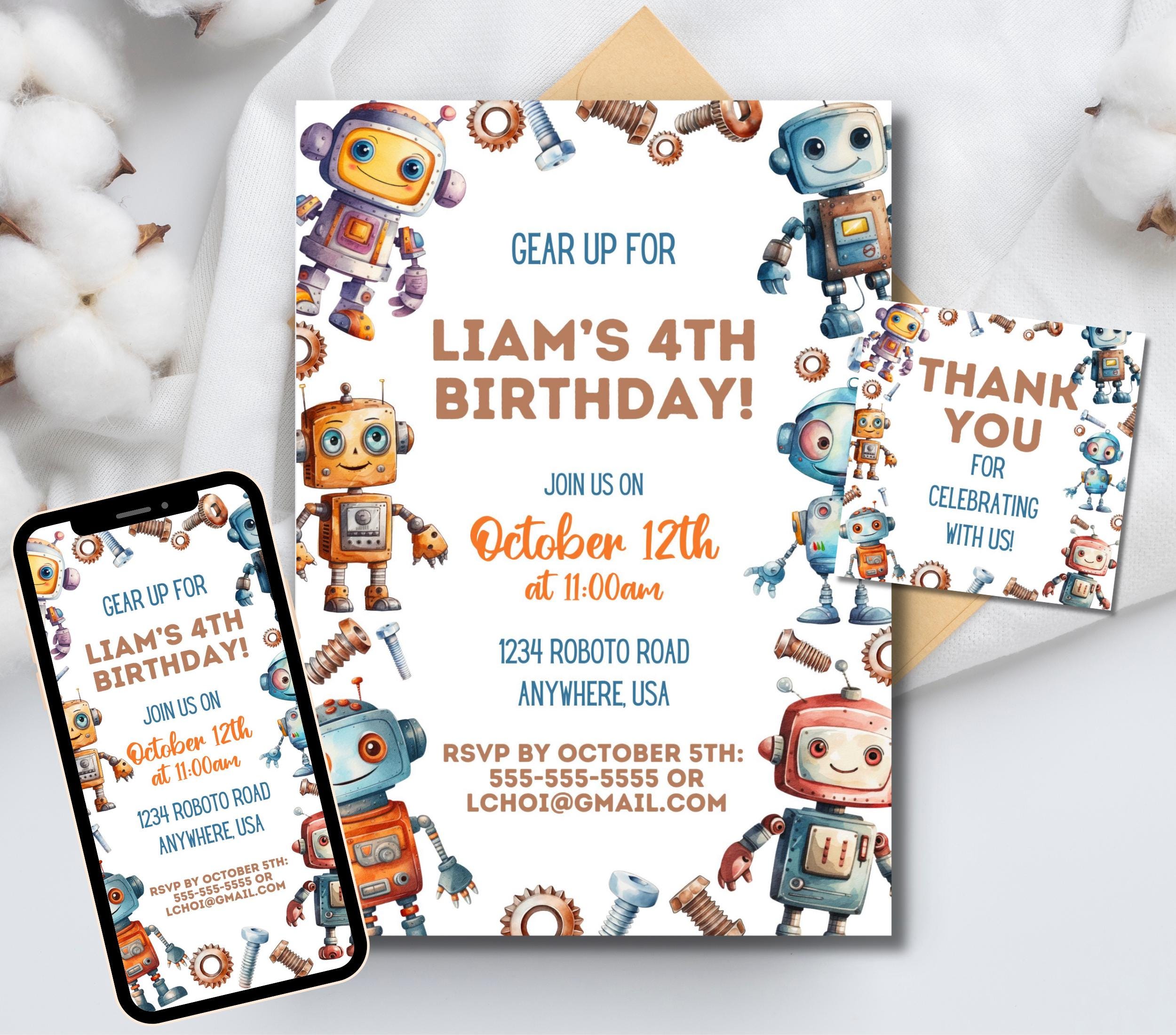 EDITABLE Robot Birthday Invitation, Robot Invite, Digital Birthday ...