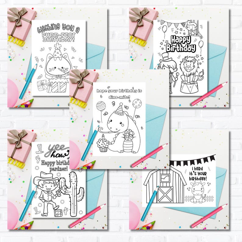 Birthday Coloring Card Bundle for Kids to Color - Download, Print, Cut ...