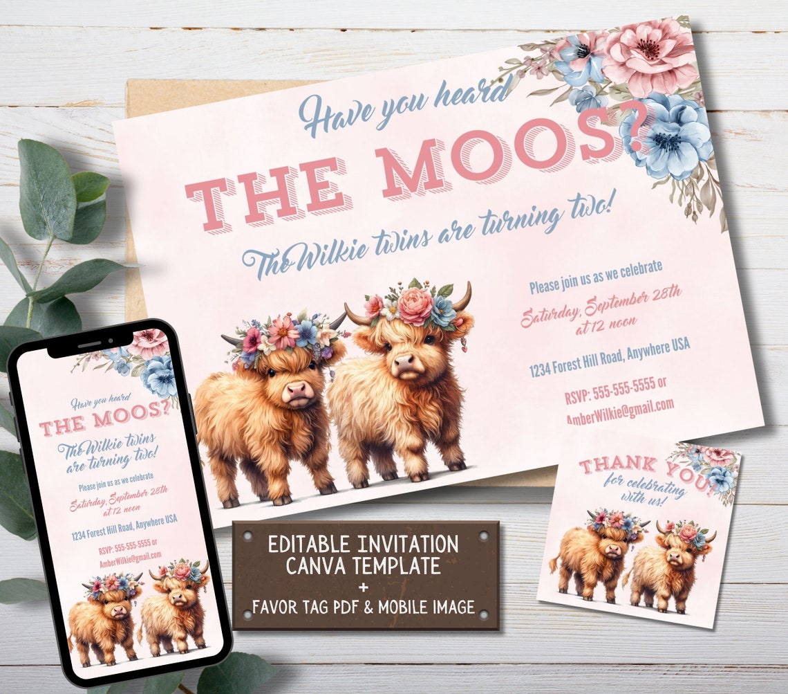 EDITABLE Highland Cows Twin Girls Invitation, Highland Cow Birthday ...