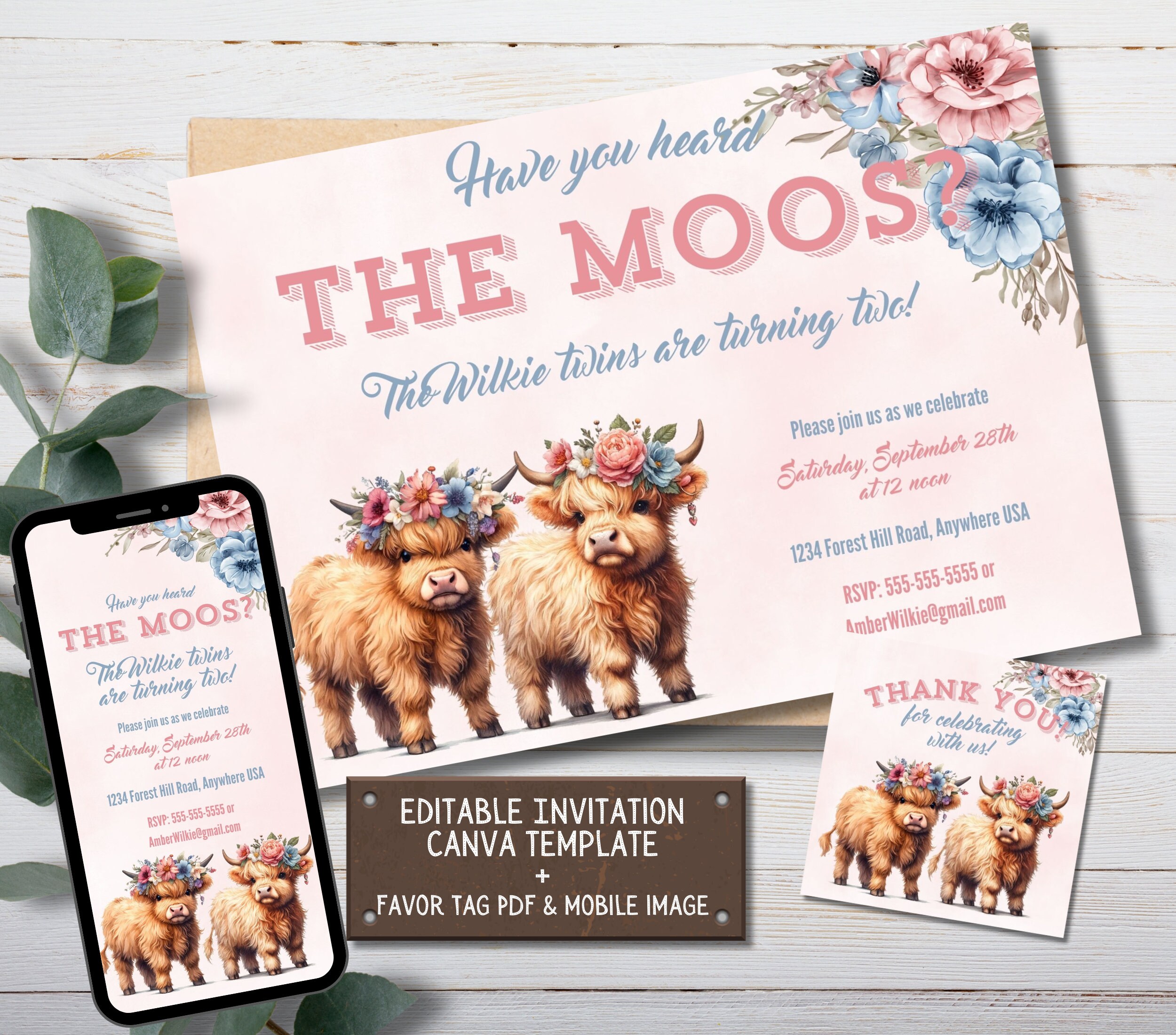 EDITABLE Highland Cows Twin Girls Invitation, Highland Cow Birthday ...