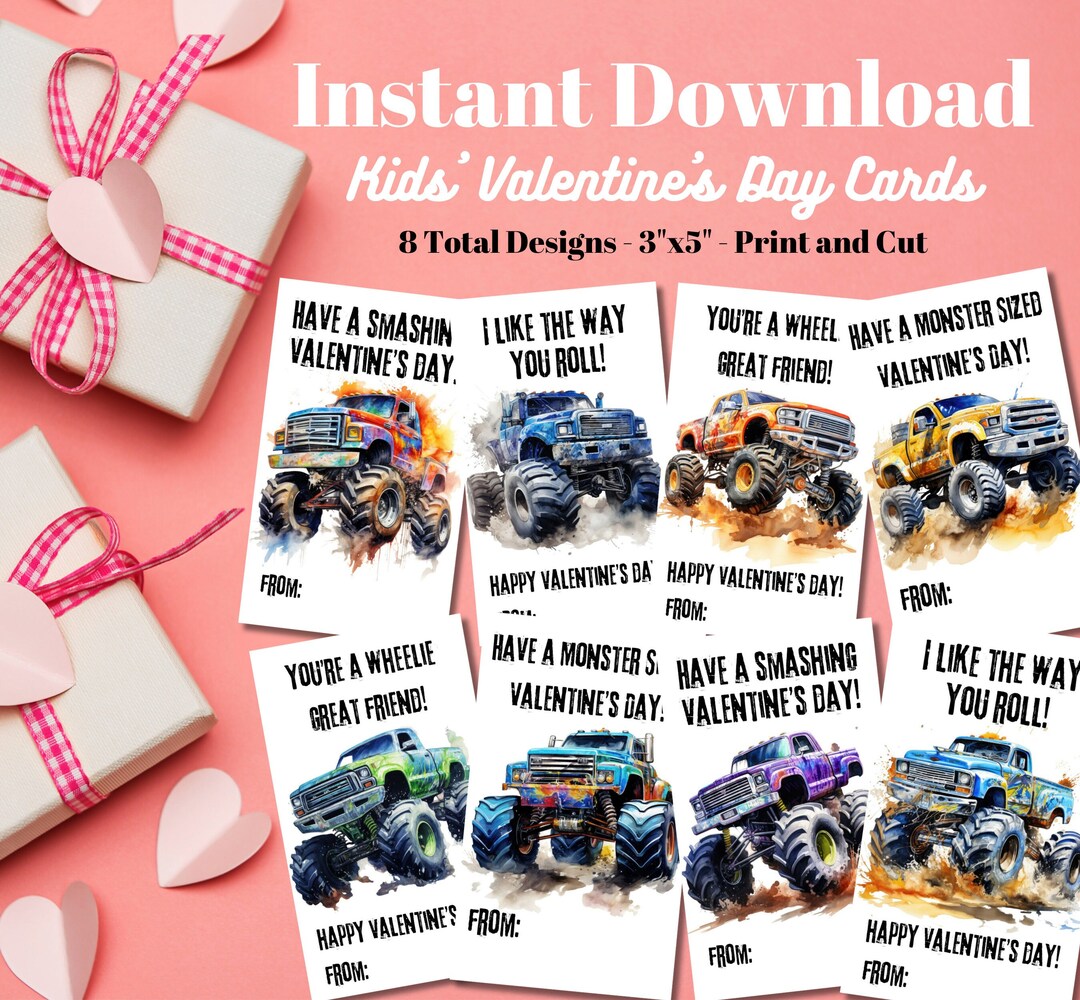 Printable Valentine's Day Cards for Kids Monster Truck Valentines for ...