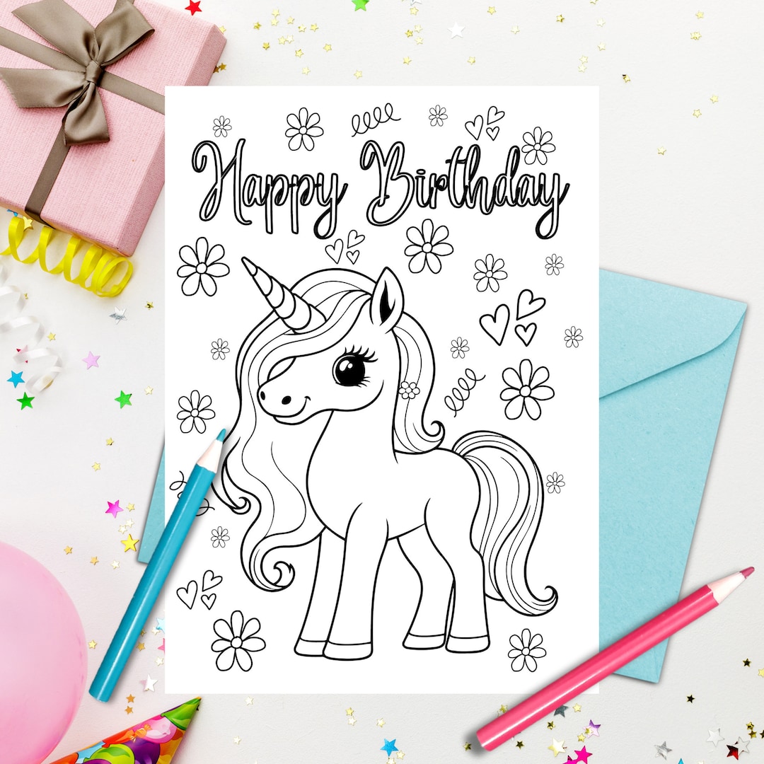 Printable Unicorn Birthday Coloring Card for Kids - Download, Print ...