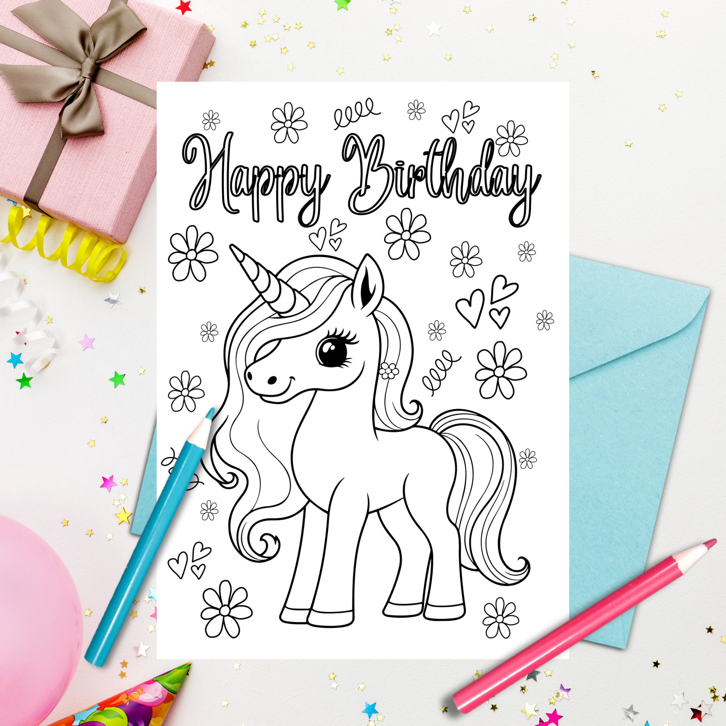 Printable Unicorn Birthday Coloring Card for Kids - Download, Print ...