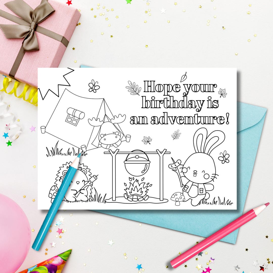 Camping Birthday Coloring Card for Kids: DIY Printable Activity (PDF ...