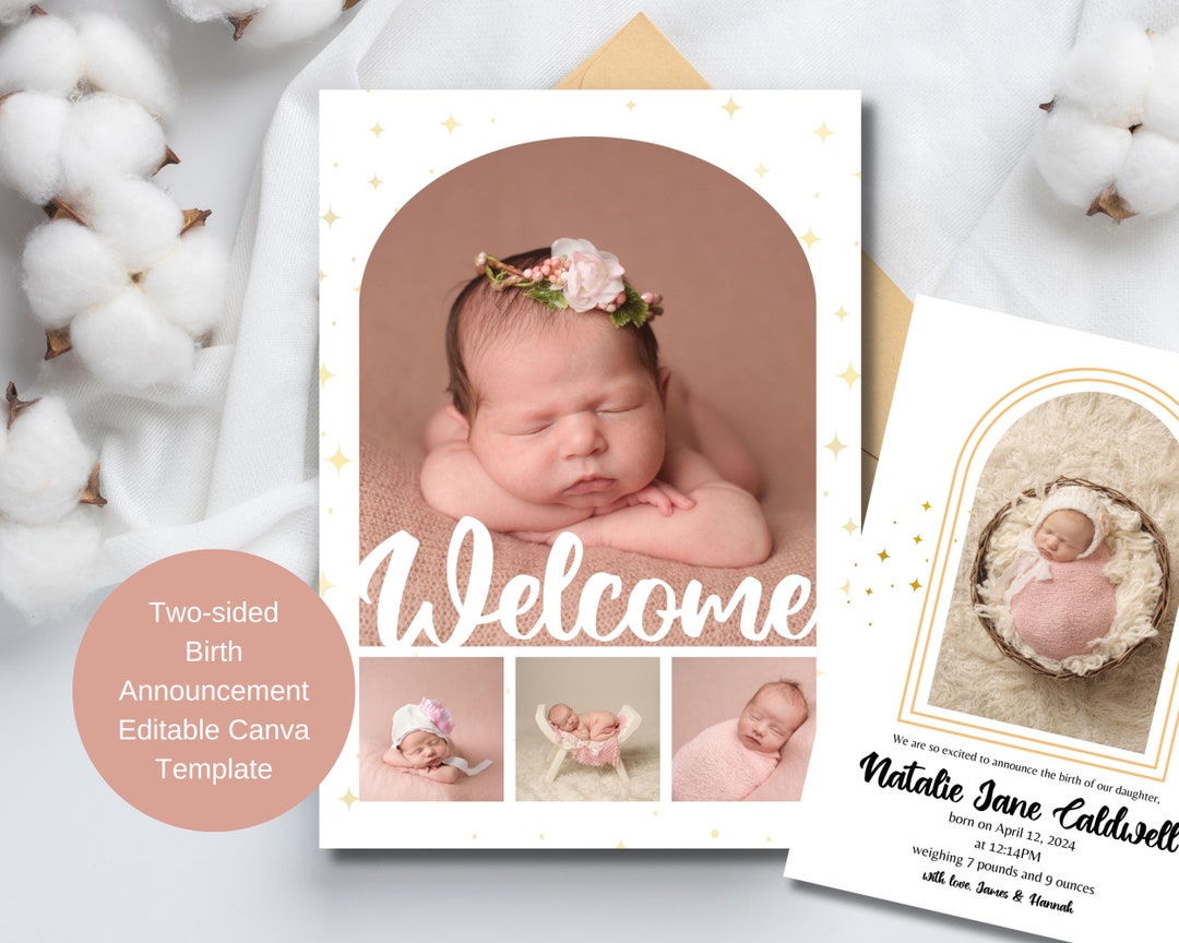 Birth Announcement Template, Baby Newborn Card Canva Template, Birth ...