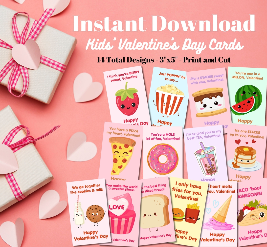 Printable Valentine's Day Cards for Kids - Food Valentines - 3"x5" - 14 ...