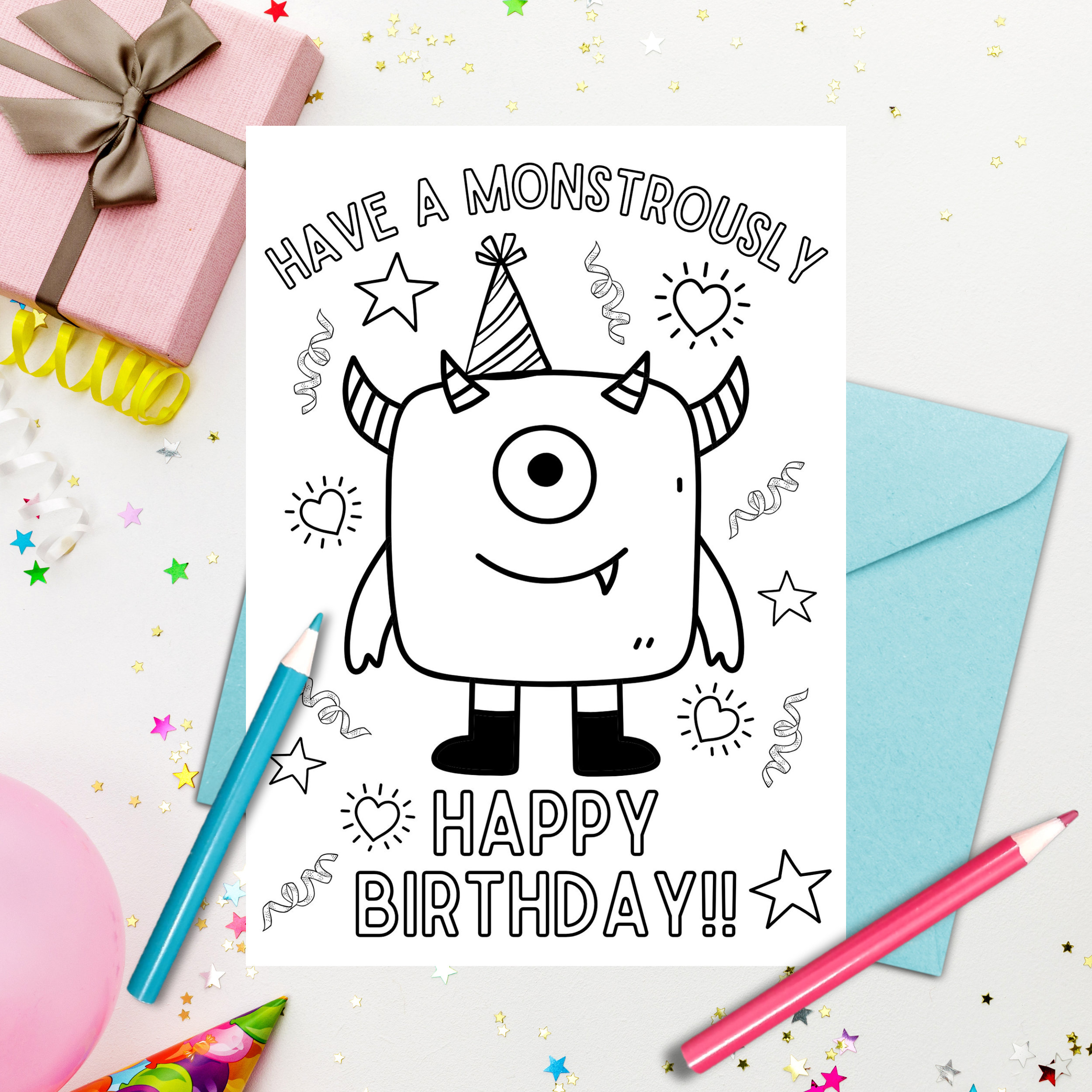 Printable Monster Birthday Coloring Card for Kids - Download, Print ...