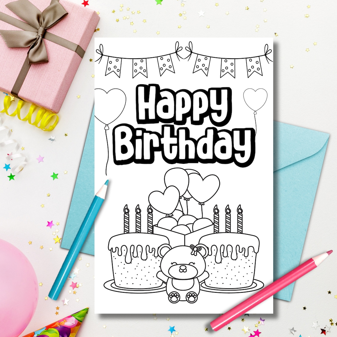 Printable Bear Love Birthday Coloring Card for Kids - Download, Print ...
