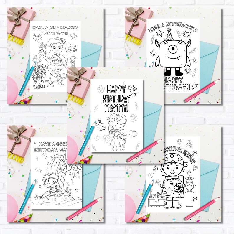Birthday Coloring Card Bundle for Kids to Color - Download, Print, Cut ...
