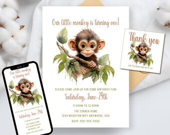 Editable Monkey Themed Birthday Invite Monkey Invitation Birthday Party ...