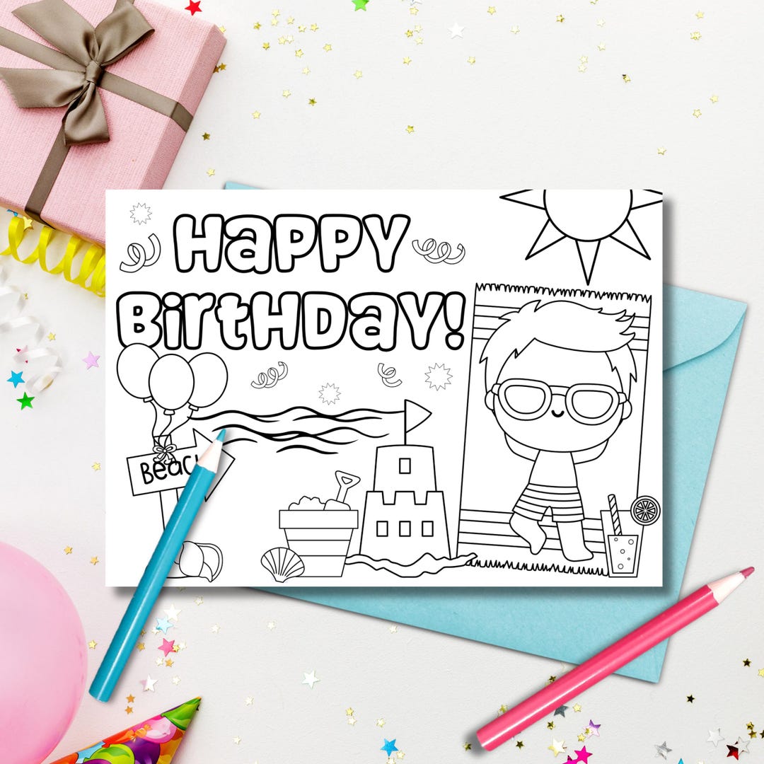 Color Your Own Boy on the Beach Coloring Card for Kids - Download ...