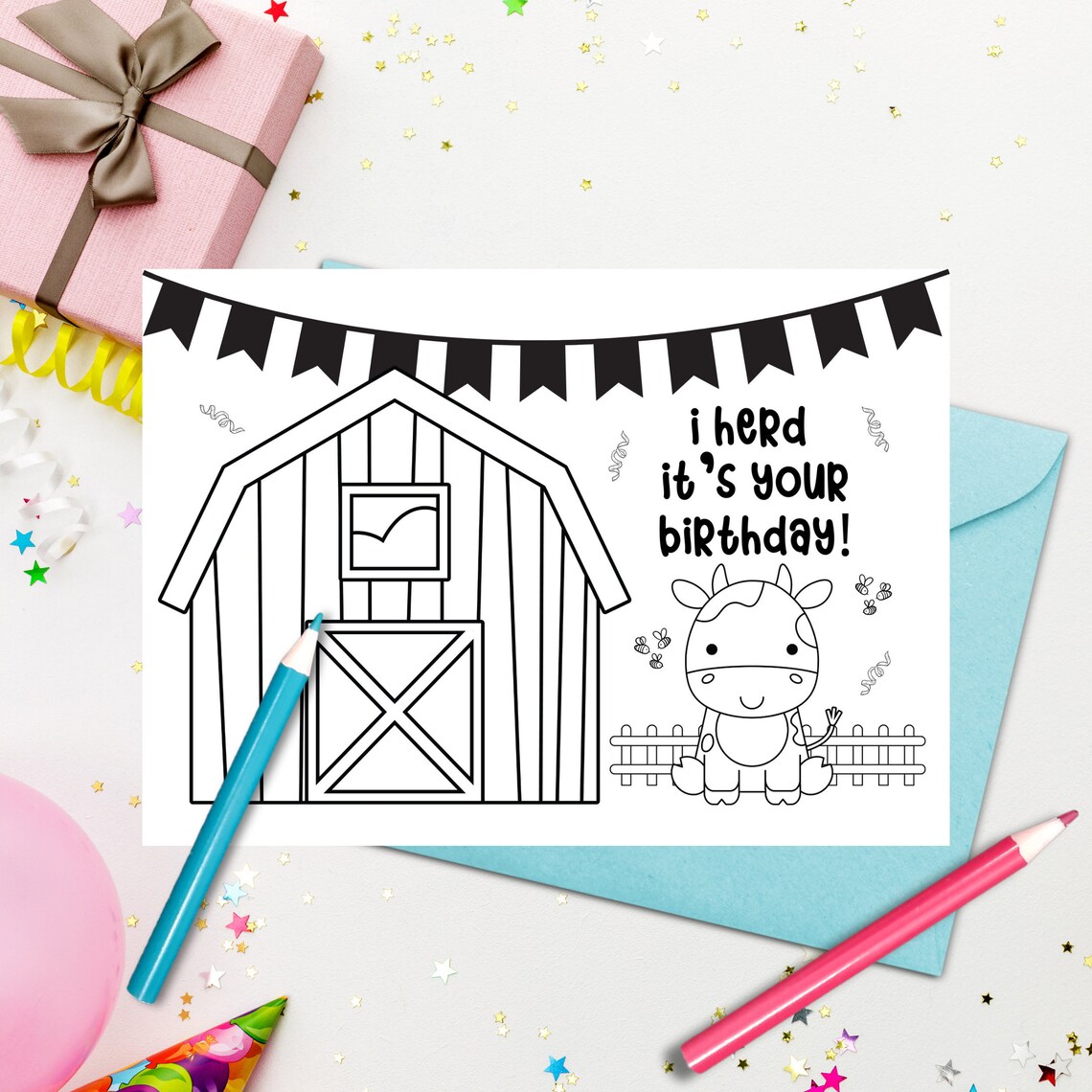 Printable Cow & Farm Coloring Card for Kids Download, Print, and Color ...