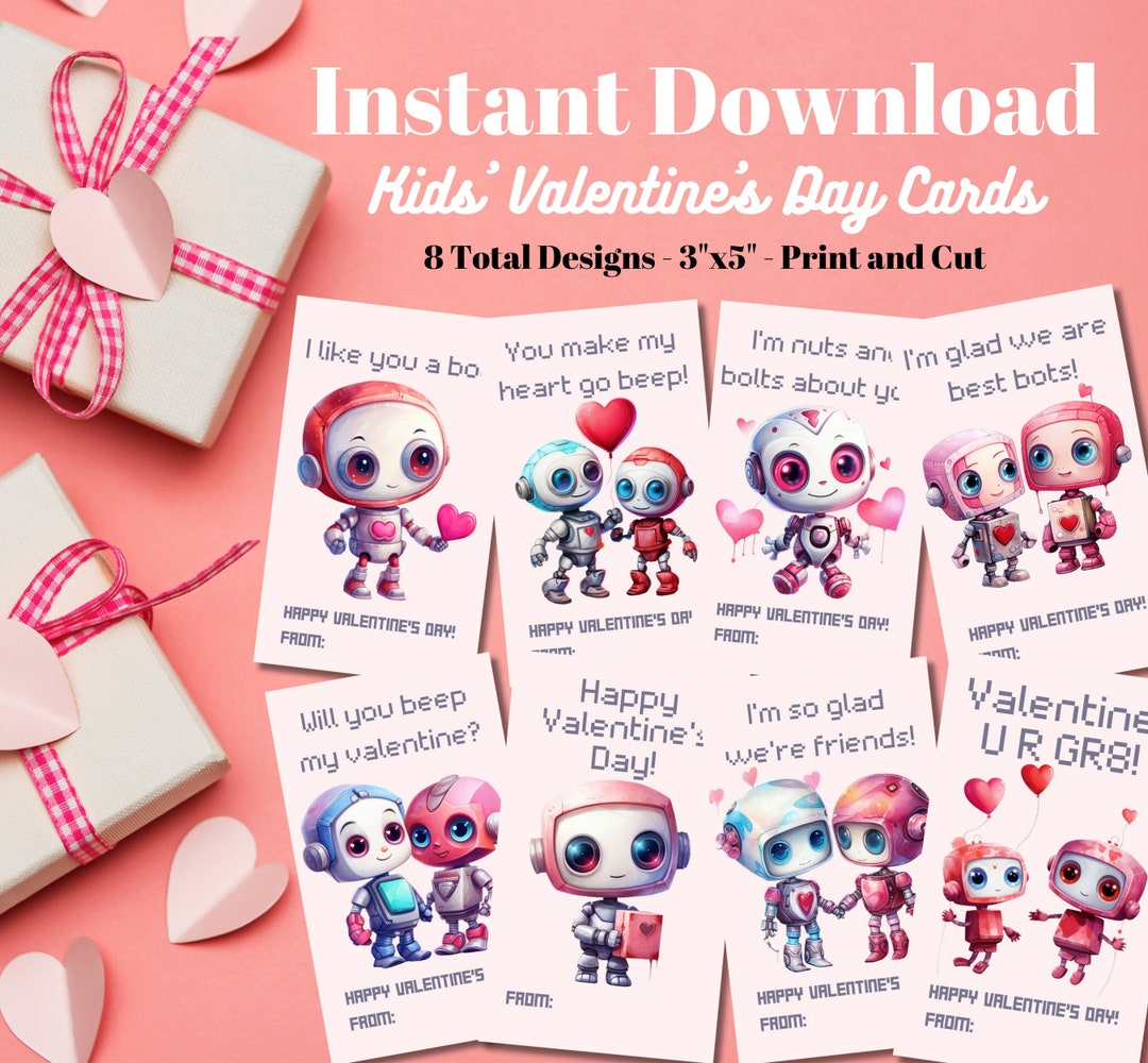 Printable Robots Valentine's Day Cards for Kids Robot Valentines 3x5 8 ...